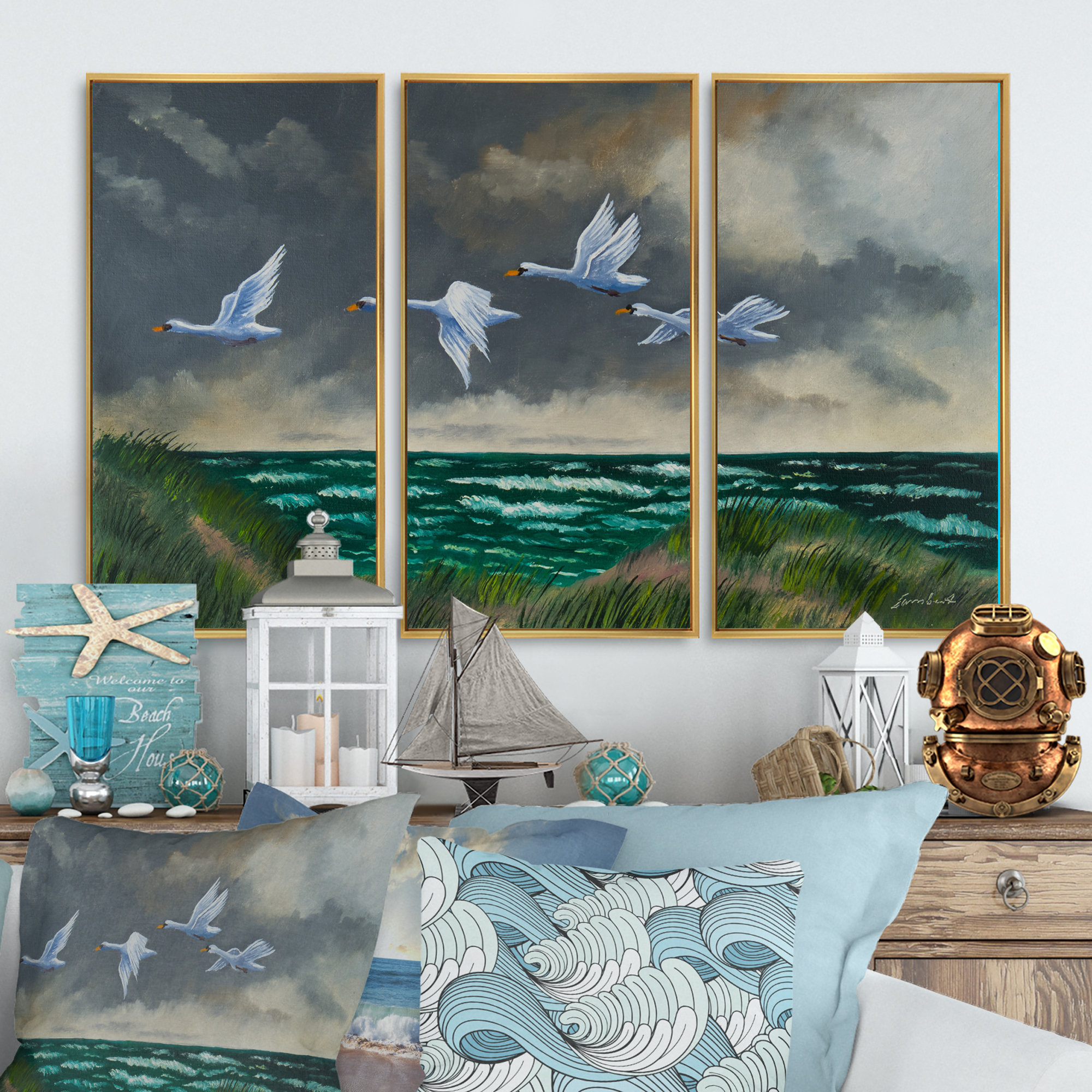 Winston Porter Four White Migratory Birds Flying On A Coast - Nautical & Coastal Framed Canvas ...